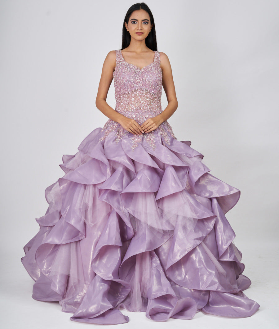 Lavender Sequins With Cutdana And Ruffle And Jarkan Stone Work Ball Go ...