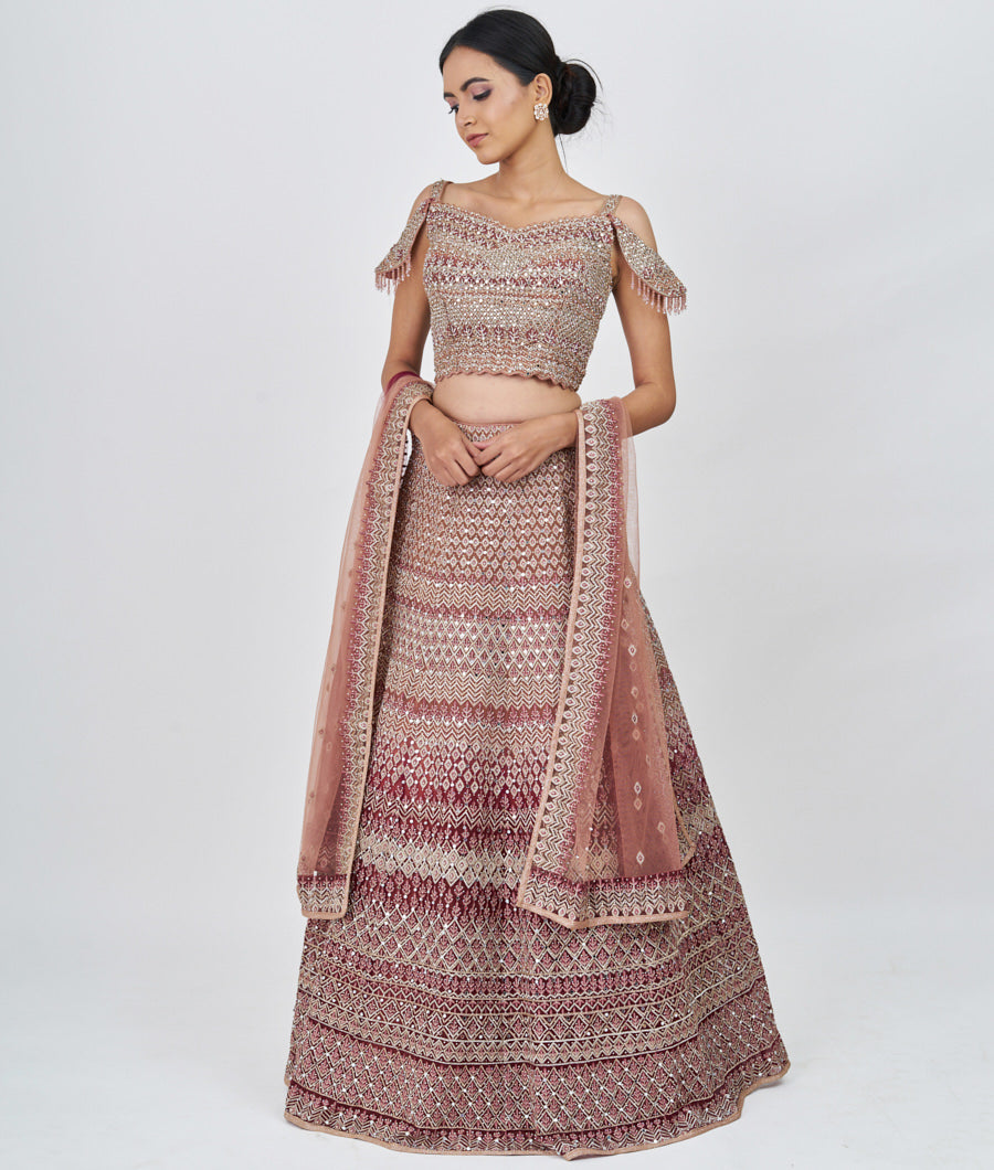 Gajri/Wine Thread And Zari Embroidery With Mirror Jarkan Stone Work Le ...