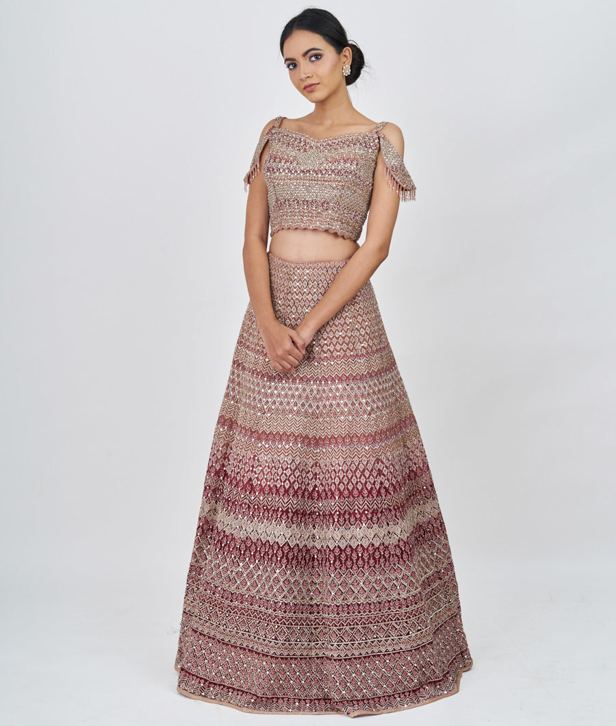 Gajri/Wine Thread And Zari Embroidery With Mirror Jarkan Stone Work Le ...