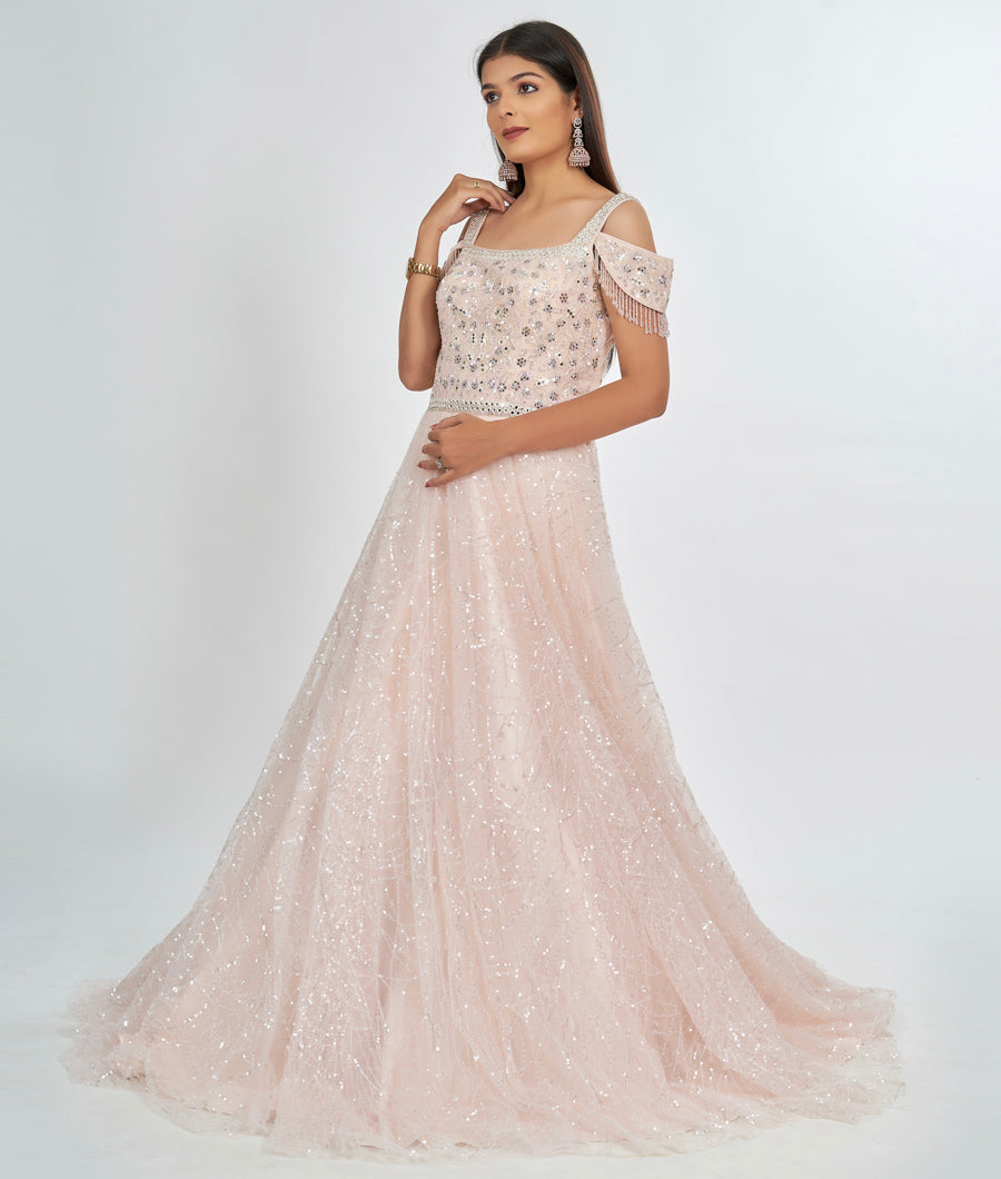 Pastel Peach Tulle Ball Gown Sequence With Cutdana And Mirror And Jark ...